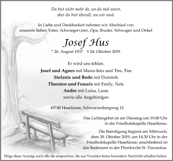 Traueranzeigen von Josef Hus | noz Trauerportal