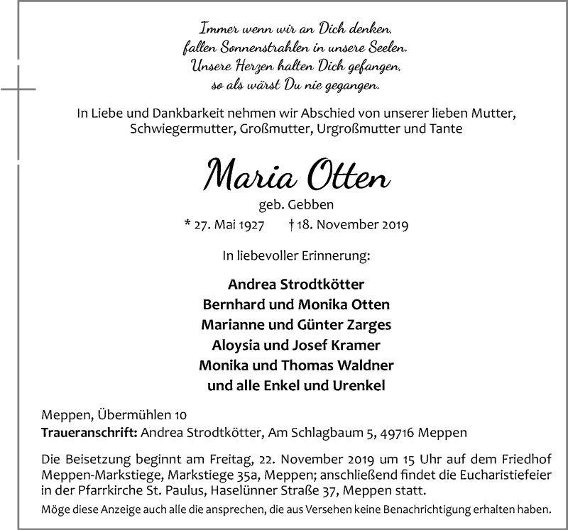 Traueranzeigen von Maria Otten | noz Trauerportal
