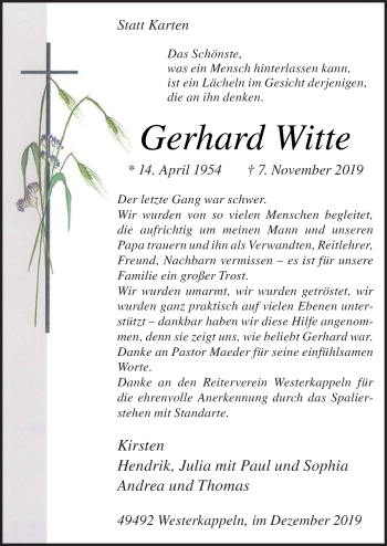Traueranzeigen von Gerhard Witte | noz Trauerportal