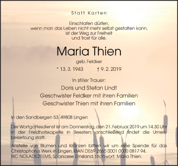 Traueranzeigen von Maria Thien | noz Trauerportal