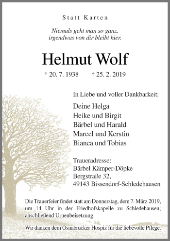Traueranzeigen von Helmut Wolf | noz Trauerportal