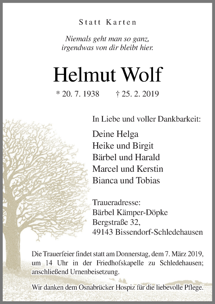 Traueranzeigen von Helmut Wolf | noz Trauerportal