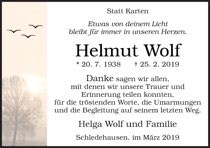 Traueranzeigen von Helmut Wolf | noz Trauerportal
