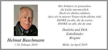 Traueranzeigen von Helmut Buschmann | noz Trauerportal