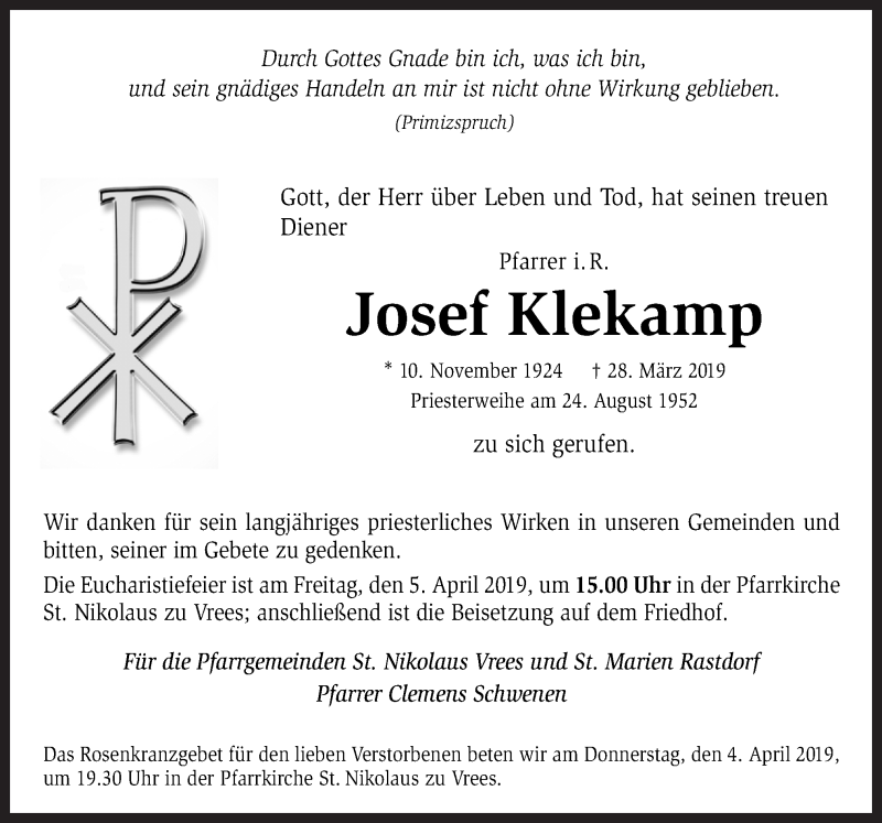 Traueranzeigen von Josef Klekamp | noz Trauerportal