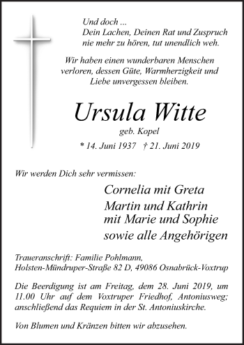 Traueranzeigen von Ursula Witte | noz Trauerportal