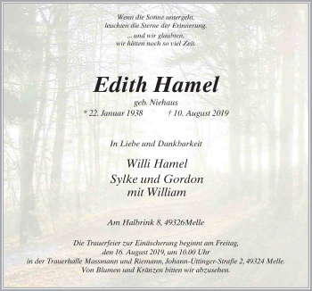 Traueranzeigen von Edith Hamel | noz Trauerportal