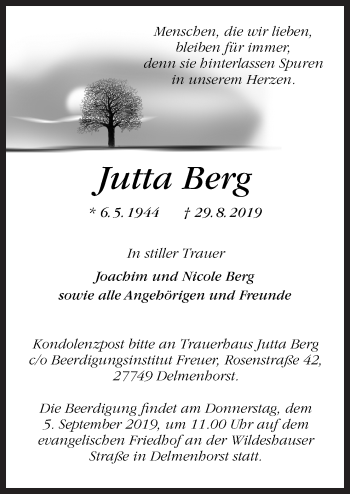 Traueranzeigen von Jutta Berg | noz Trauerportal