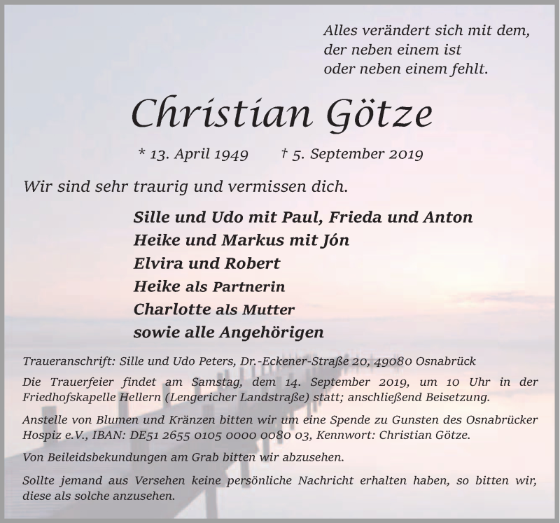 Traueranzeigen von Christian Götze | noz Trauerportal