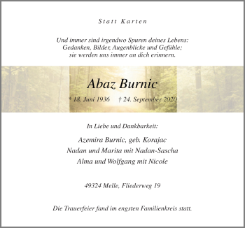 Traueranzeigen von Abaz Burnic | noz Trauerportal