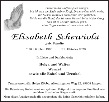 Traueranzeigen von Elisabeth Schewiola | noz Trauerportal