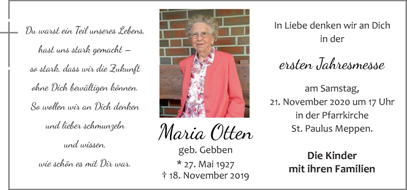 Traueranzeigen von Maria Otten | noz Trauerportal