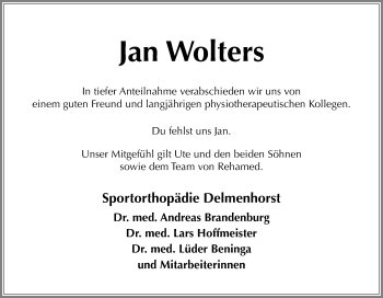 Traueranzeigen von Jan Wolters | noz Trauerportal