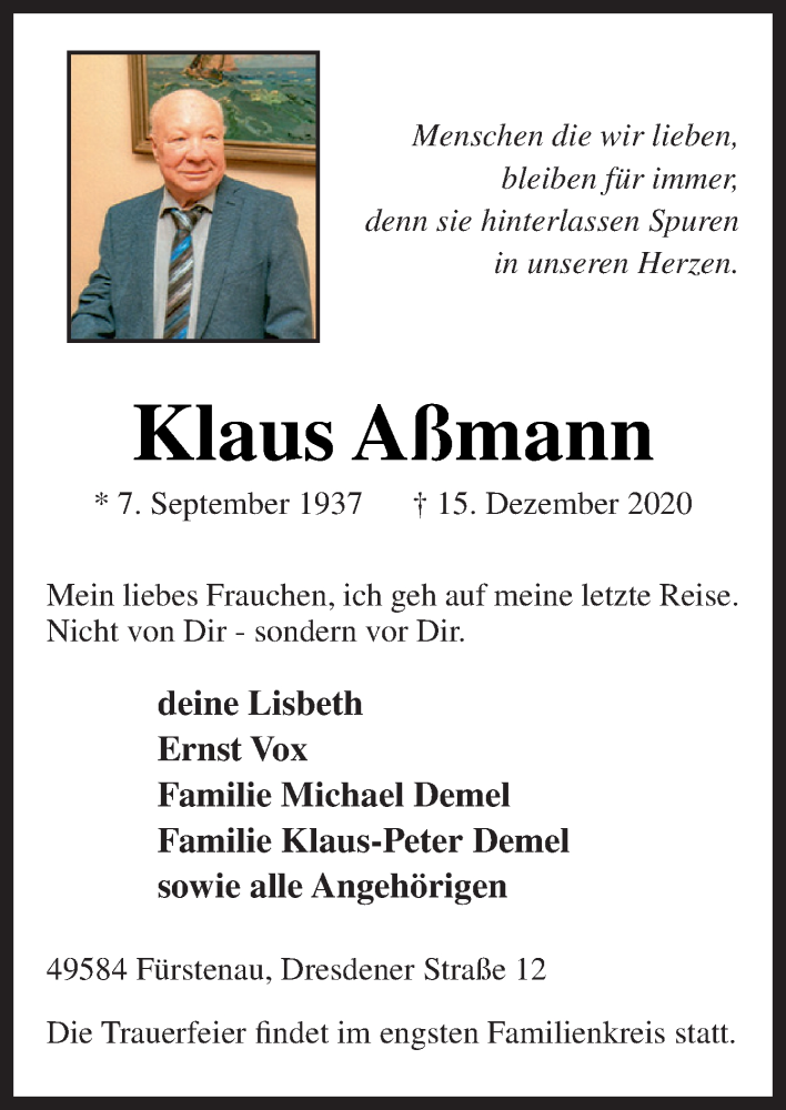Traueranzeigen von Klaus Aßmann | noz Trauerportal