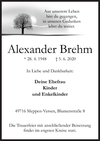 Traueranzeigen von Alexander Brehm | noz Trauerportal