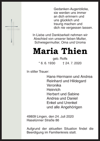 Traueranzeigen von Maria Thien | noz Trauerportal