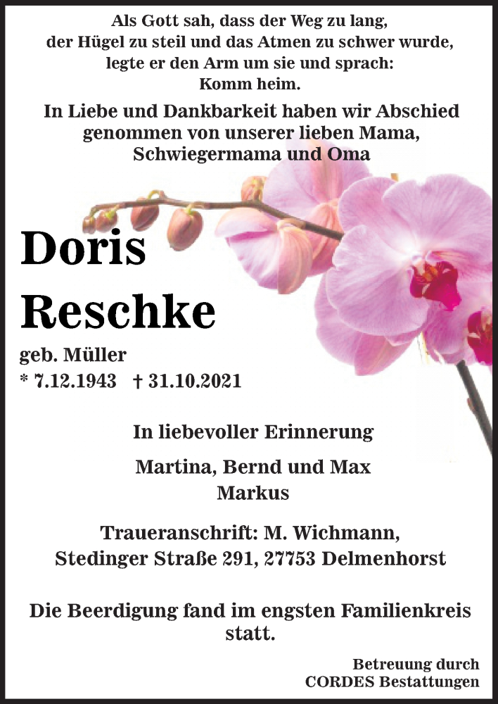 Traueranzeigen von Doris Reschke | noz Trauerportal