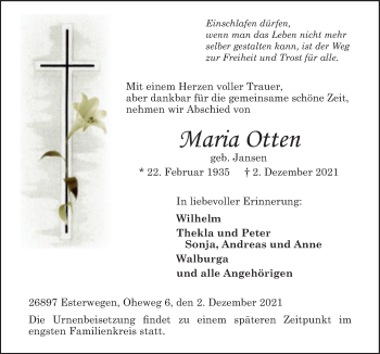 Traueranzeigen von Maria Otten | noz Trauerportal