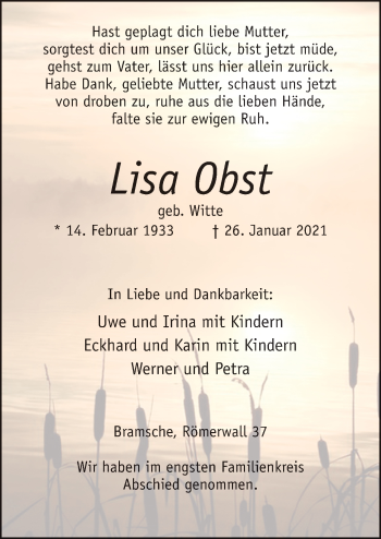 Traueranzeigen von Lisa Obst | noz Trauerportal