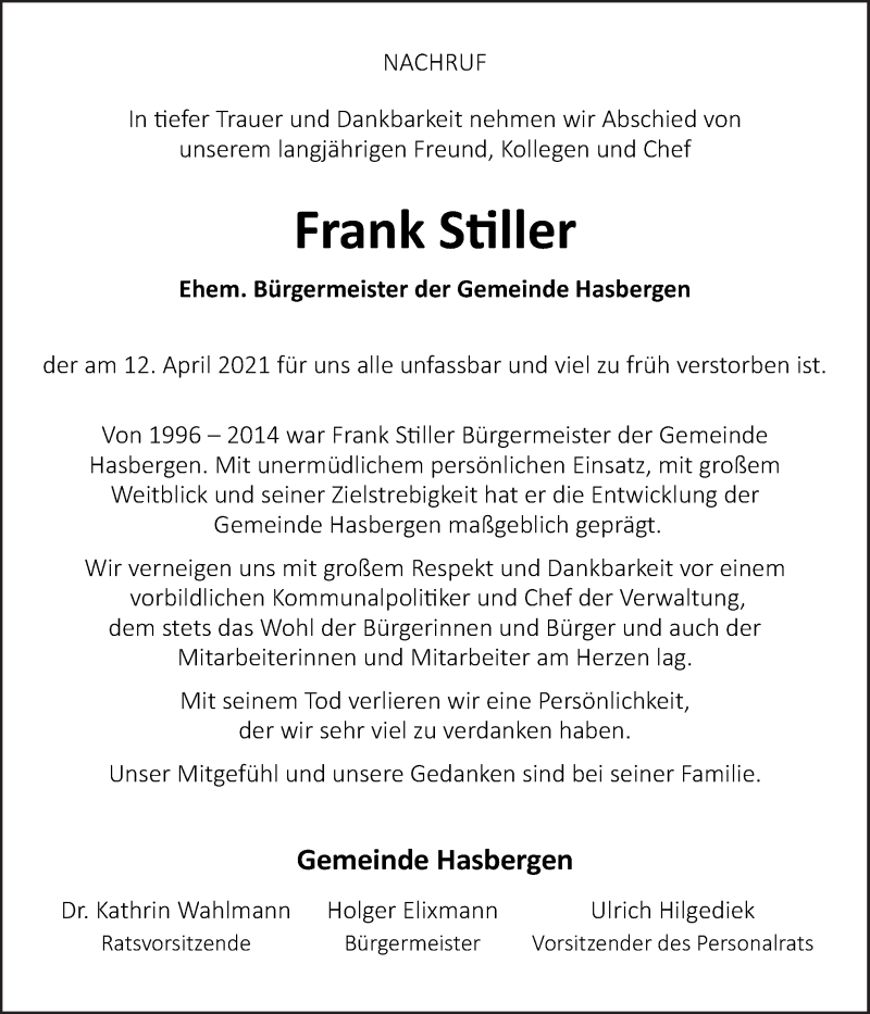 Traueranzeigen von Frank Stiller | noz Trauerportal