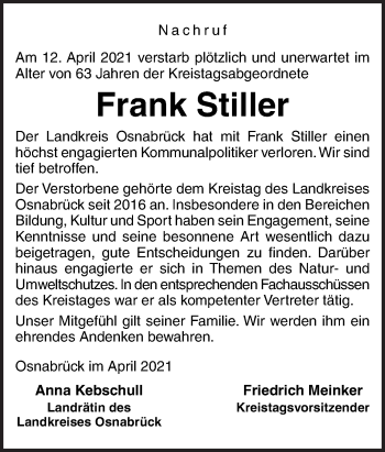 Traueranzeigen von Frank Stiller | noz Trauerportal