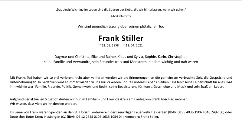 Traueranzeigen von Frank Stiller | noz Trauerportal