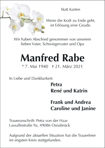 Traueranzeigen von Manfred Rabe | noz Trauerportal