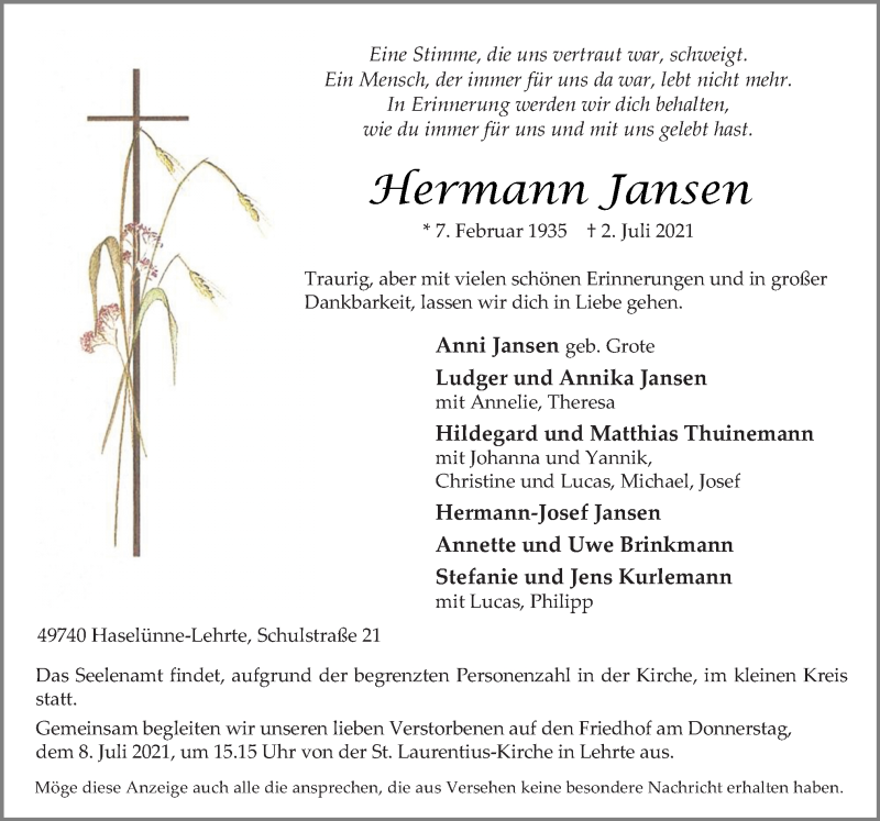 Traueranzeigen von Hermann Jansen | noz Trauerportal