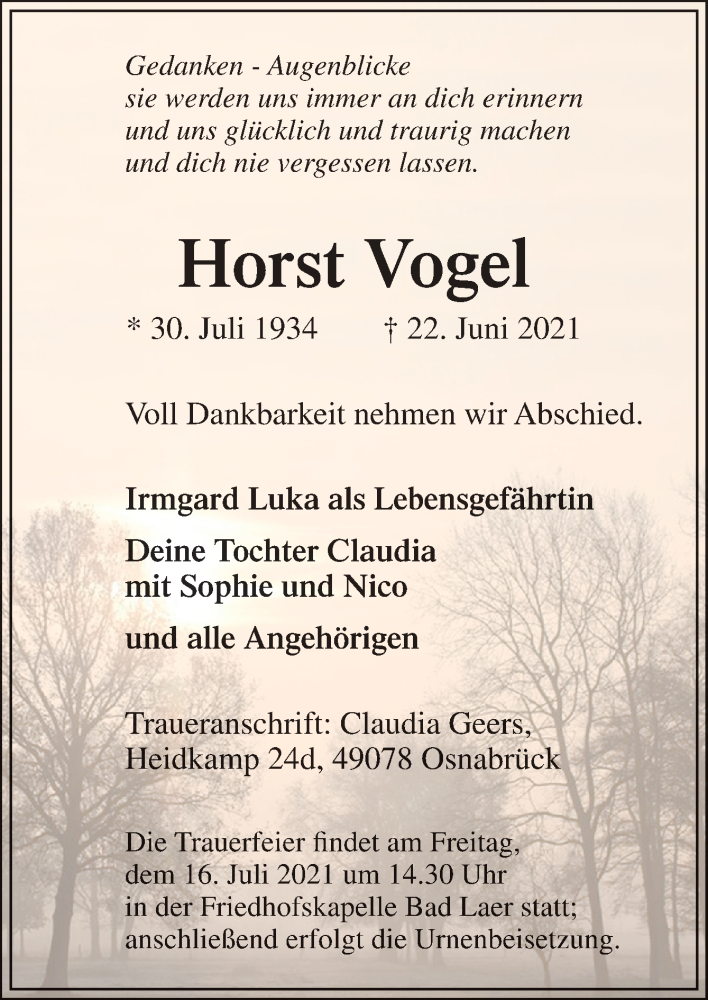 Traueranzeigen von Horst Vogel | noz Trauerportal