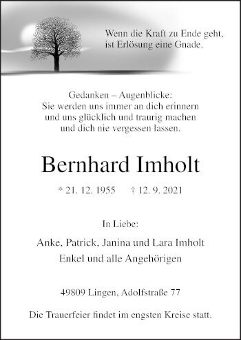 Traueranzeigen von Bernhard Imholt | noz Trauerportal