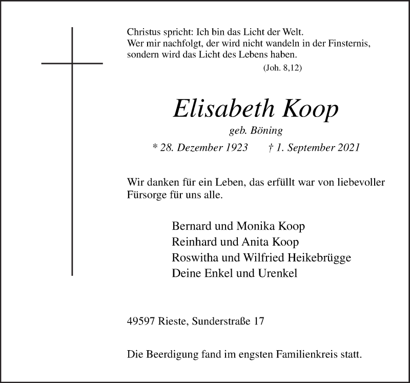 Traueranzeigen von Elisabeth Koop | noz Trauerportal