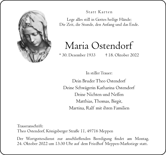 Traueranzeigen von Maria Ostendorf | noz Trauerportal Traueranzeigen von Maria Ostendorf | noz Trauerportal