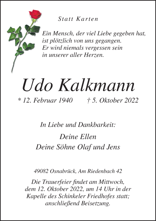 Traueranzeigen von Udo Kalkmann | noz Trauerportal