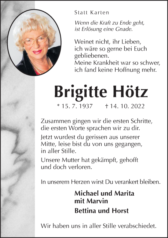 Traueranzeigen von Brigitte Hötz | noz Trauerportal