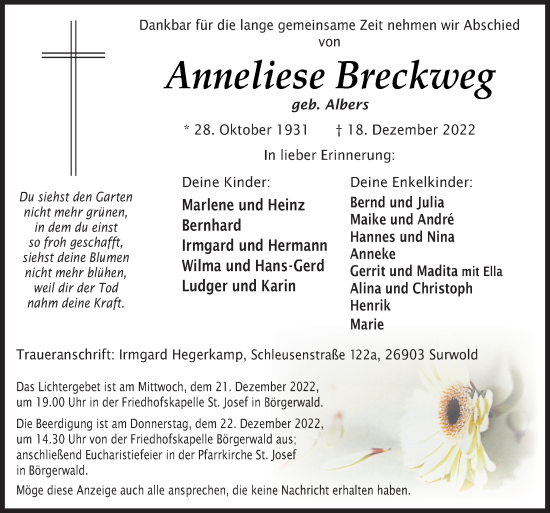 Traueranzeigen von Anneliese Breckweg | noz Trauerportal