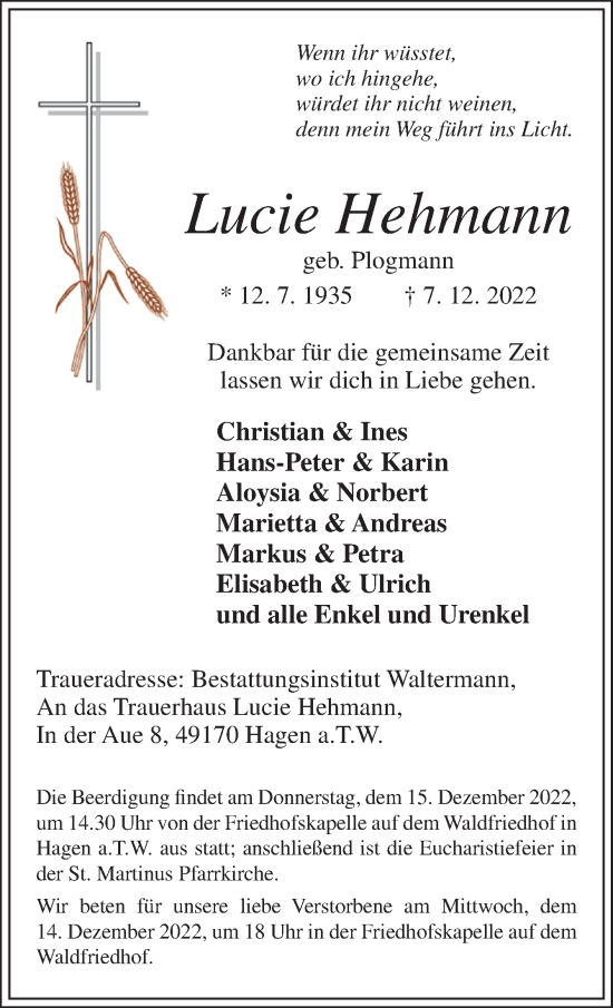Traueranzeigen von Lucie Hehmann | noz Trauerportal