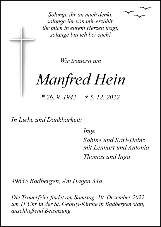 Traueranzeigen von Manfred Hein | noz Trauerportal