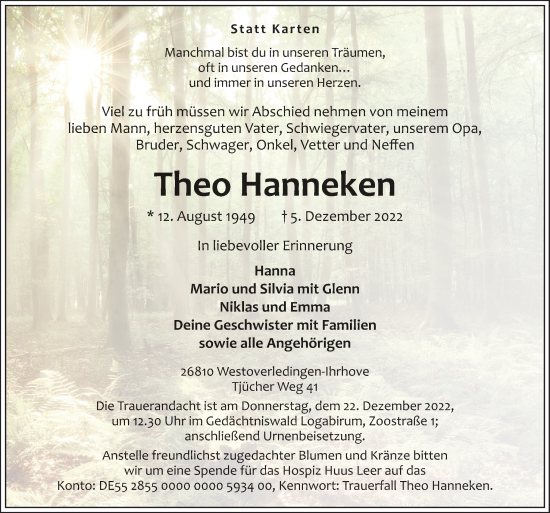 Traueranzeigen von Theo Hanneken | noz Trauerportal