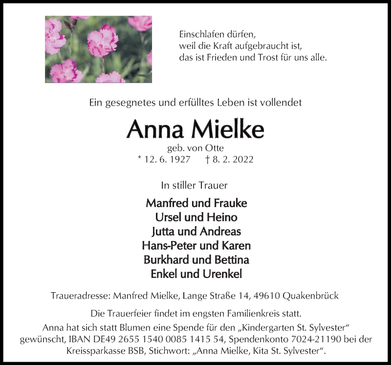 Traueranzeigen von Anna Mielke | noz Trauerportal