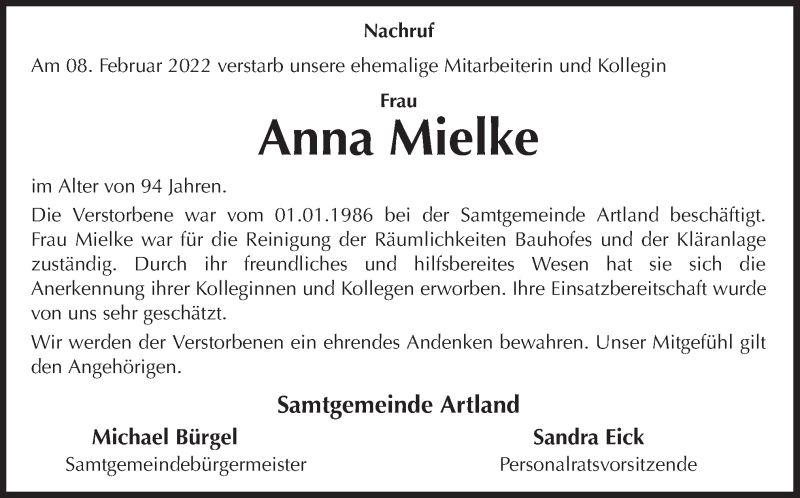 Traueranzeigen von Anna Mielke | noz Trauerportal