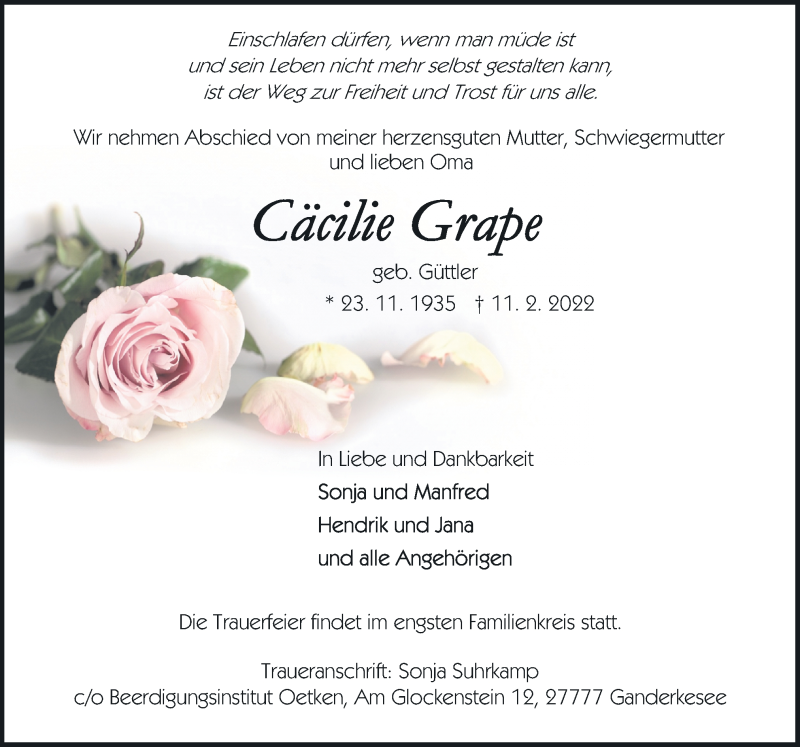 Traueranzeigen von Cäcilie Grape | noz Trauerportal