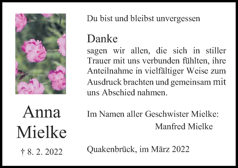 Traueranzeigen von Anna Mielke | noz Trauerportal