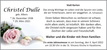 Traueranzeigen von Christel Dulle | noz Trauerportal