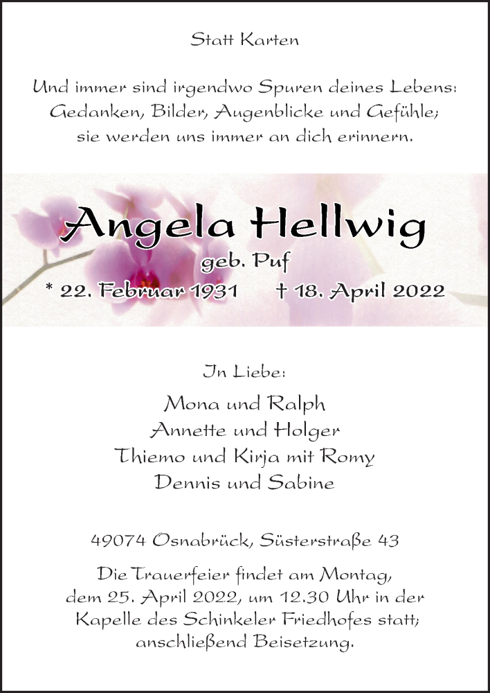 Traueranzeigen von Angela Hellwig | noz Trauerportal