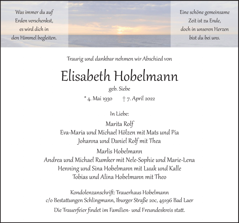 Traueranzeigen von Elisabeth Hobelmann | noz Trauerportal