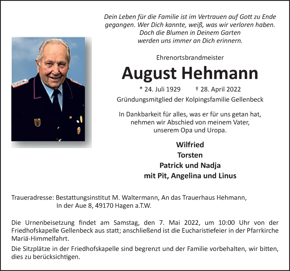 Traueranzeigen von August Hehmann | noz Trauerportal