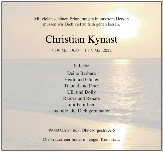 Traueranzeigen von Christian Kynast | noz Trauerportal