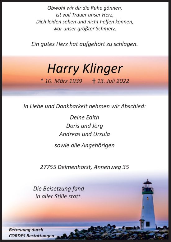 Traueranzeigen von Harry Klinger | noz Trauerportal