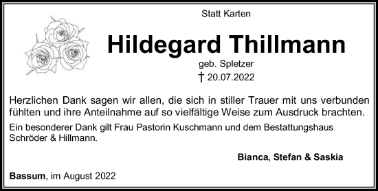 Traueranzeigen von Hildegard Thillmann | noz Trauerportal