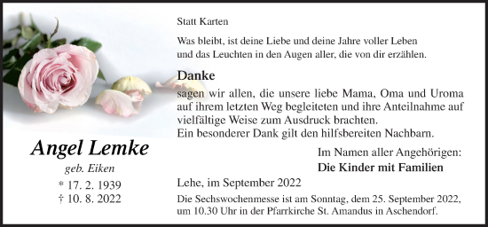 Traueranzeigen von Angel Lemke | noz Trauerportal
